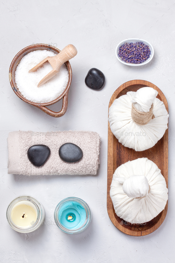 Set of traditional spa products. Natural body care concept Stock Photo ...