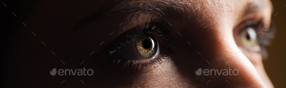 close up view of human eye looking away in dark, panoramic shot Stock ...