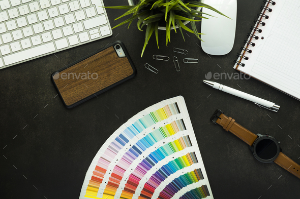Graphic designer work space with black desk, top view Stock Photo by ...