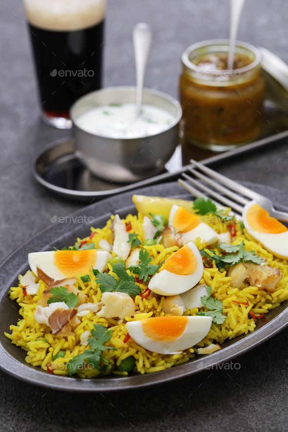 smoked haddock kedgeree, english breakfast Stock Photo by motghnit