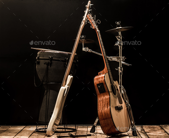 musical instruments, acoustic guitar and bass guitar and percussion ...