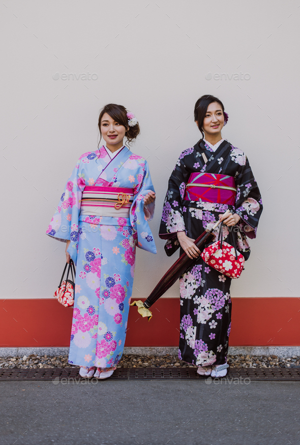 Two japanese girls wearing kimonos traditional clothes, lifestyle ...