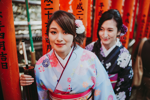 Two japanese girls wearing kimonos traditional clothes, lifestyle ...