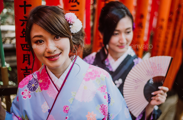 Two japanese girls wearing kimonos traditional clothes, lifestyle ...
