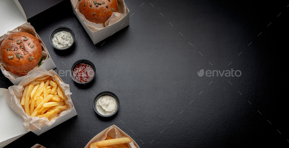 Set of fast food, takeaway order, eat takeout and delivery at home or ...