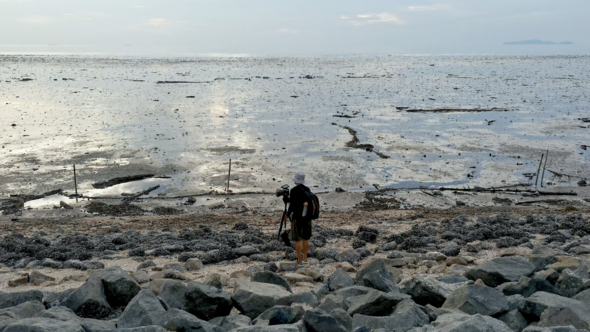 Silhouette Cameraman Holding Tripod And Camera Going Down To The Low ...