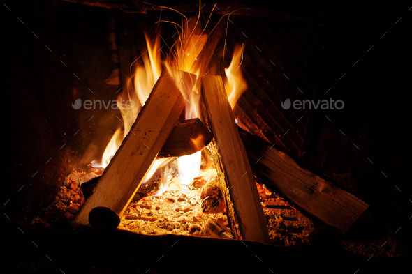 Background warm fire in the fireplace home Stock Photo by ASphotostudio