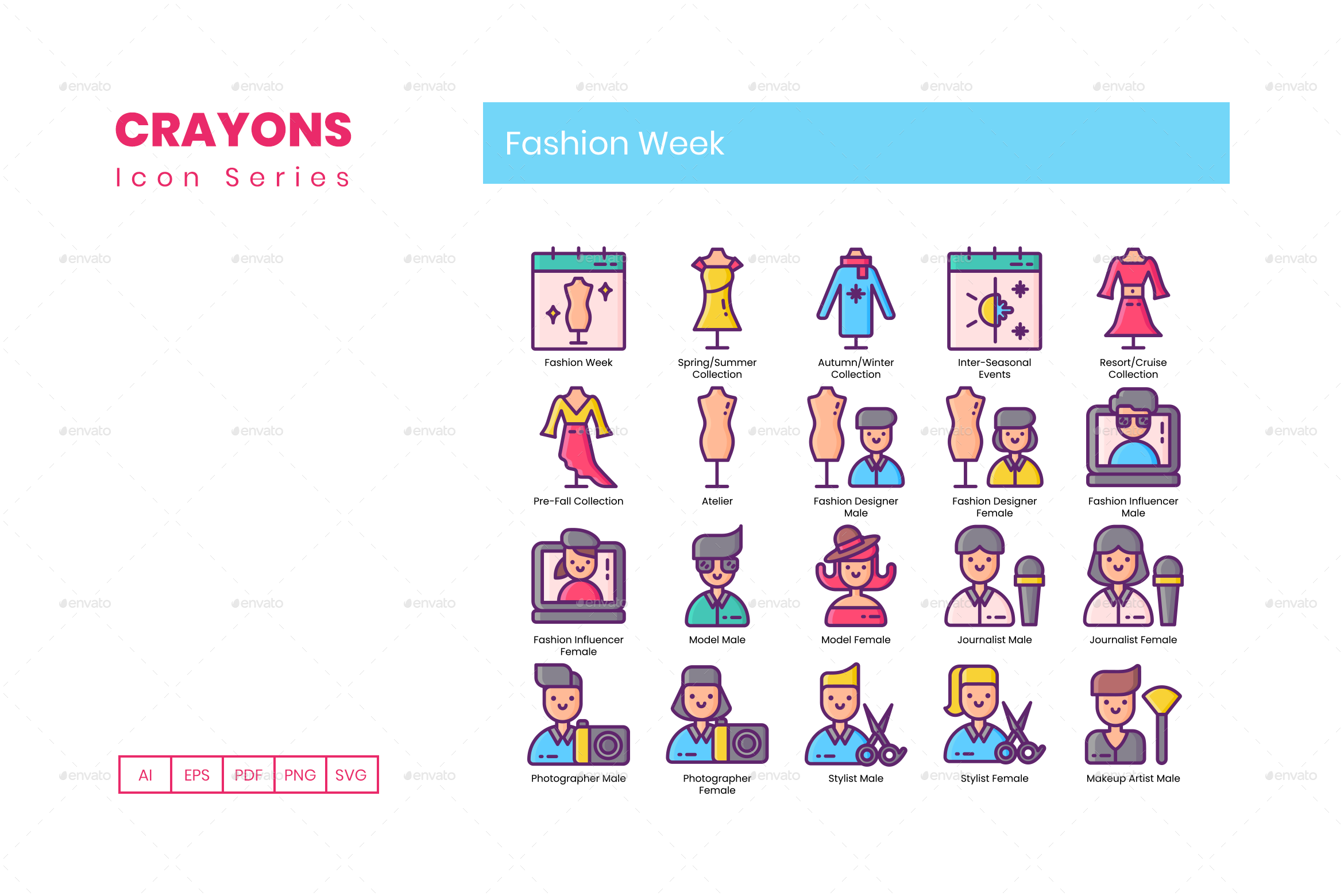 80 Fashion Week Icons | Crayon Series by Krafted | GraphicRiver