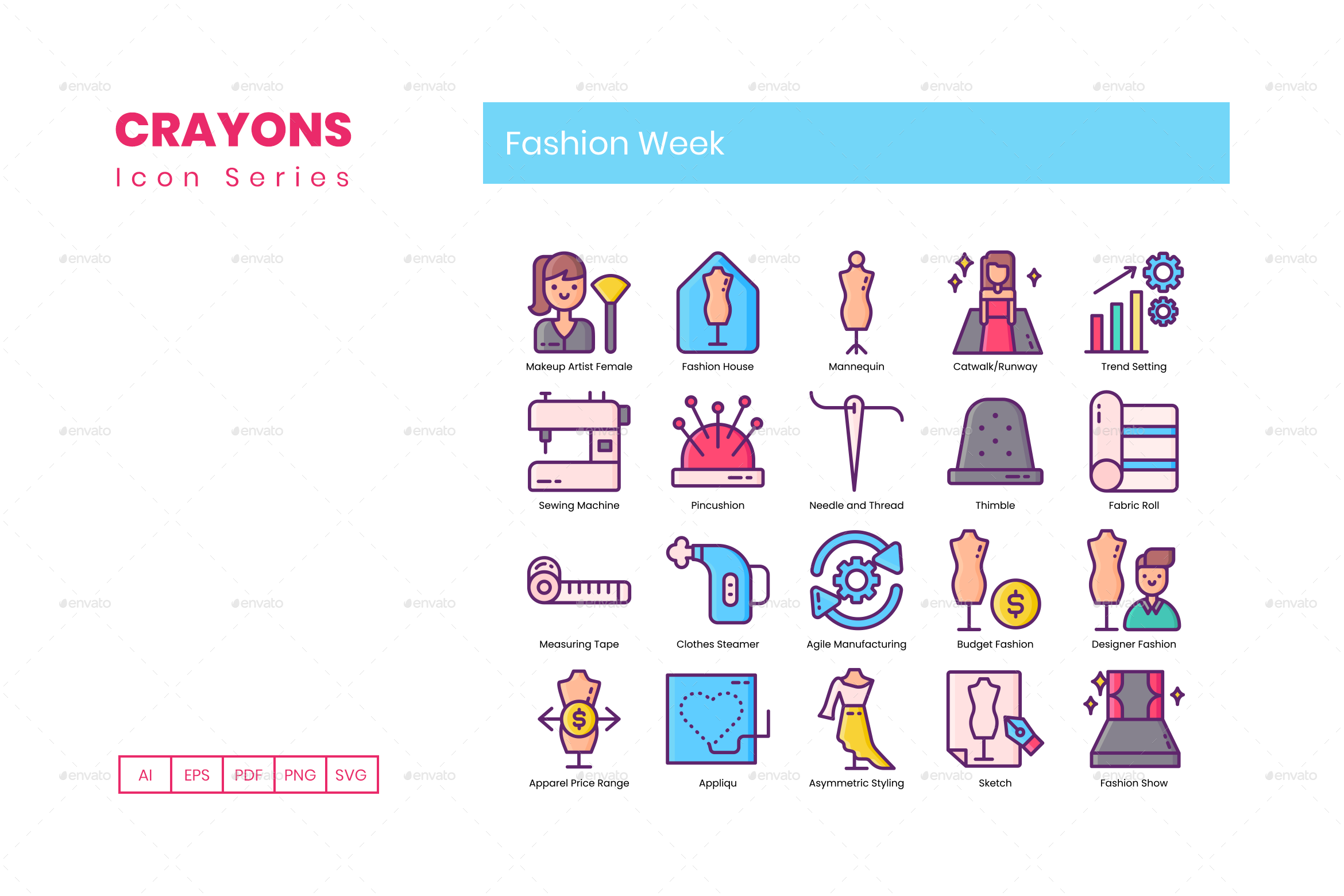 80 Fashion Week Icons | Crayon Series by Krafted | GraphicRiver