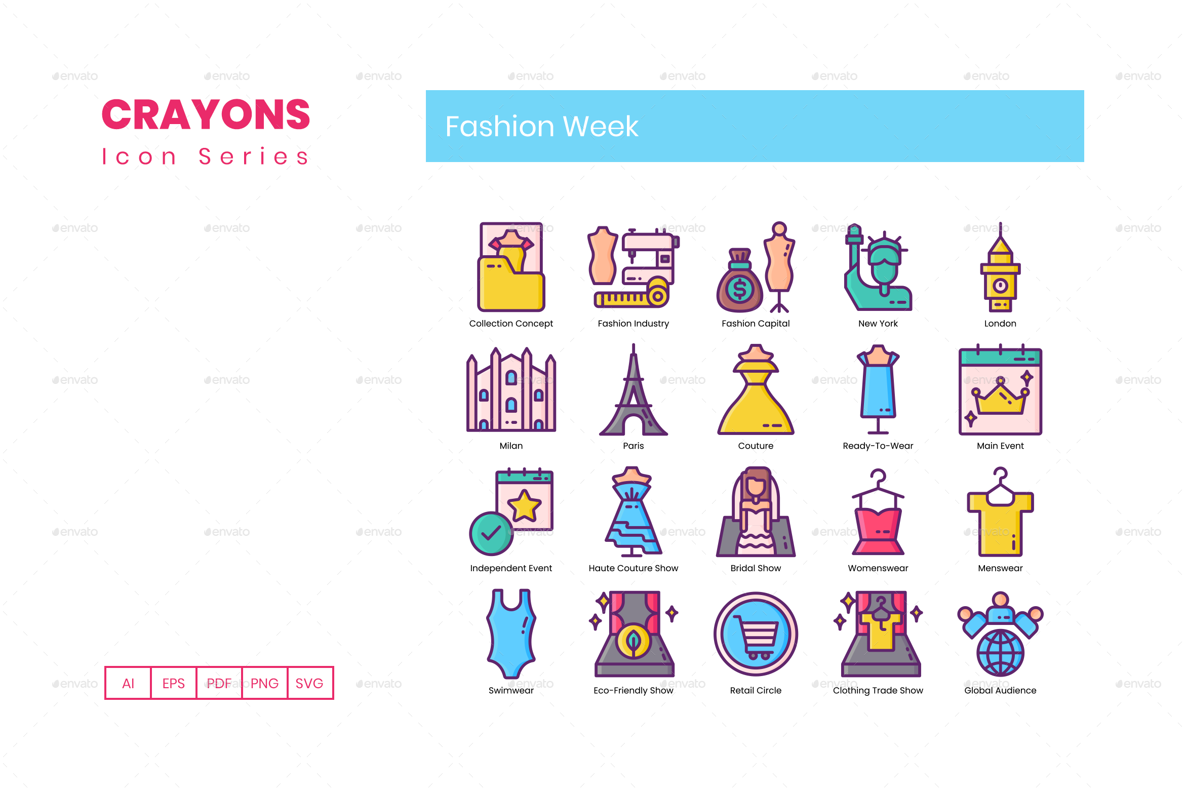 80 Fashion Week Icons | Crayon Series by Krafted | GraphicRiver