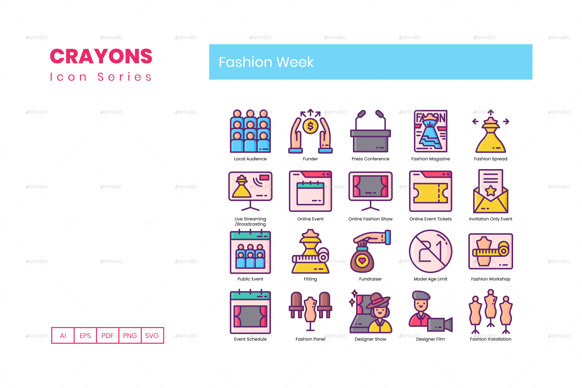 80 Fashion Week Icons | Crayon Series by Krafted | GraphicRiver