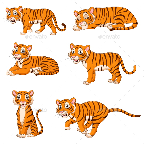 Set of Six Tigers Cartoon Collection, Vectors | GraphicRiver