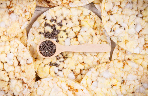 Puffed rice or corn waffles and chia seeds, healthy nutrition concept ...