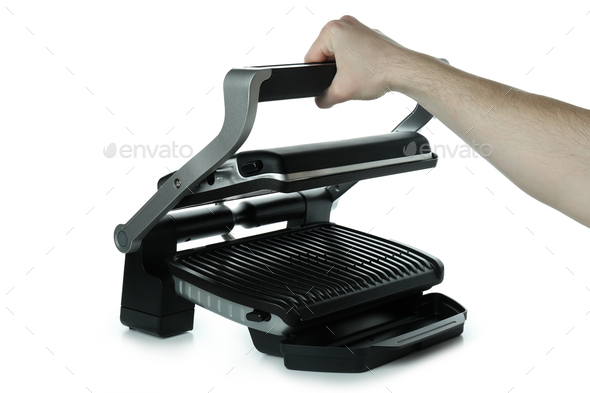 Male hand hold electric grill, isolated on white background Stock Photo ...