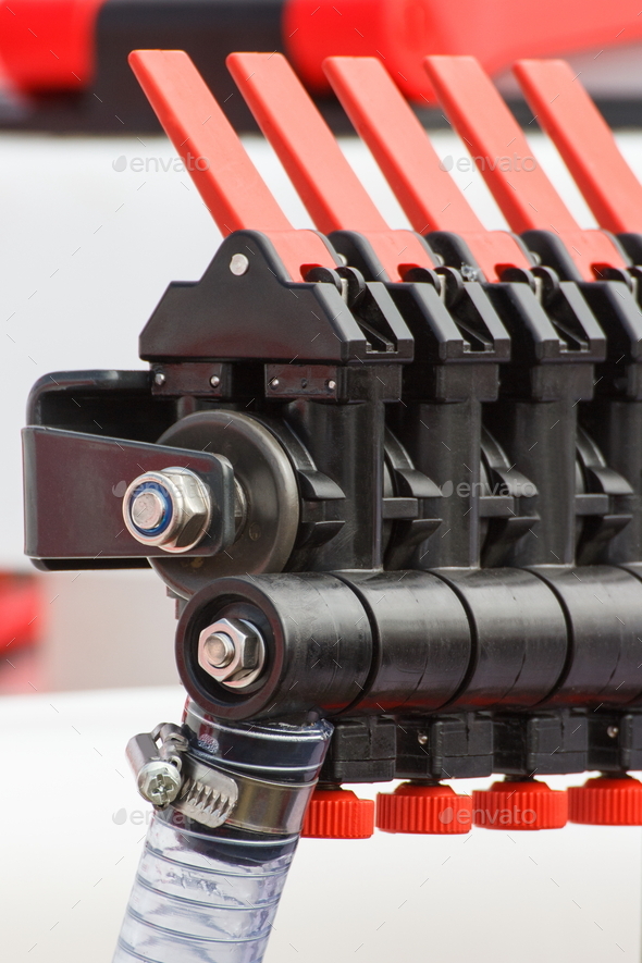 Operating control buttons or knobs in industrial machine. Technology ...