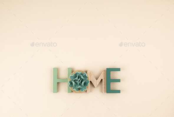 Flat lay with wooden word home over neutral beige background with ...