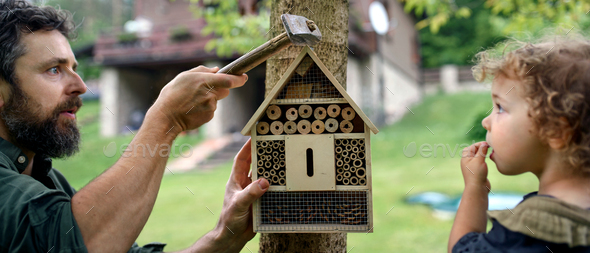 Small girl with father holding bug and insect hotel in garden ...