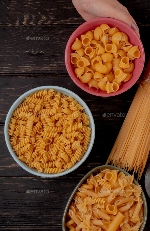 top view of different types of macaroni as pipe-rigate, rotini ...