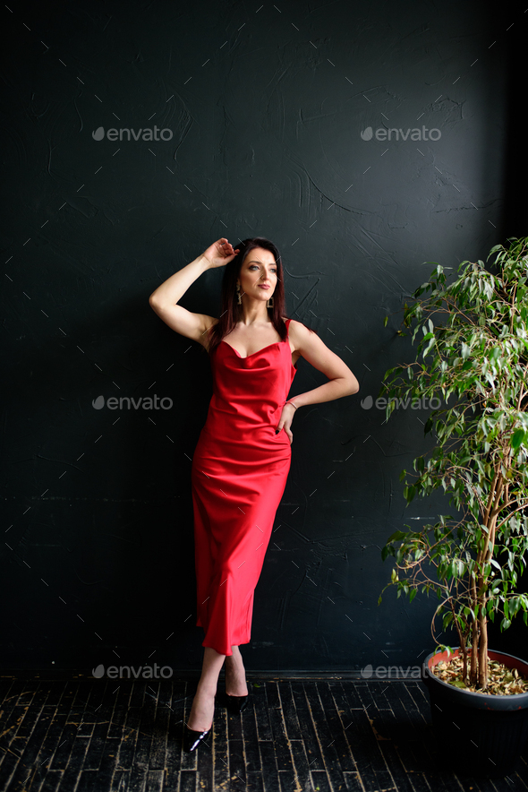 Fashion Model Red Dress, Stylish Woman in Elegant Beauty Gown Stock ...