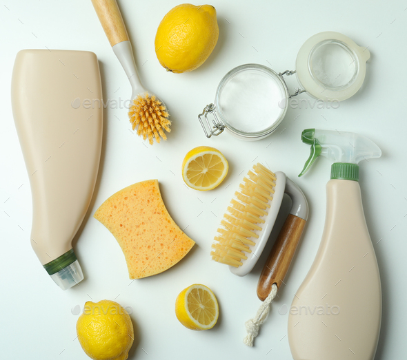 Cleaning concept with eco friendly cleaning tools on white background ...