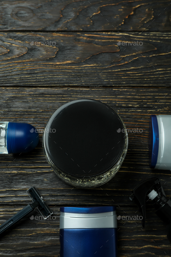 Concept of men's hygiene on wooden background Stock Photo by AtlasComposer