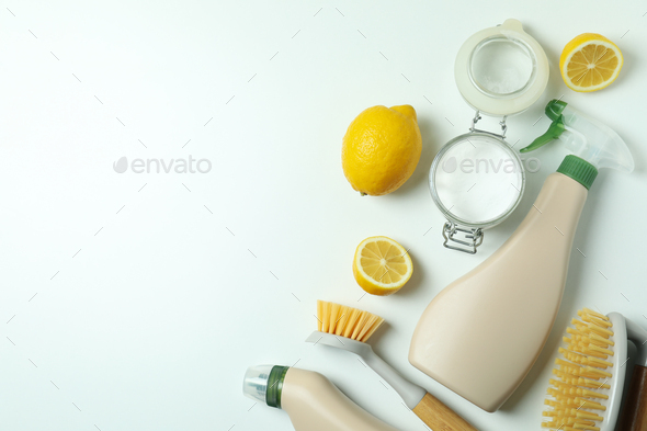 Cleaning concept with eco friendly cleaning tools on white background ...