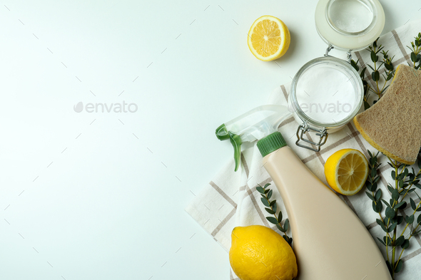 Cleaning concept with eco friendly cleaning tools on white background ...