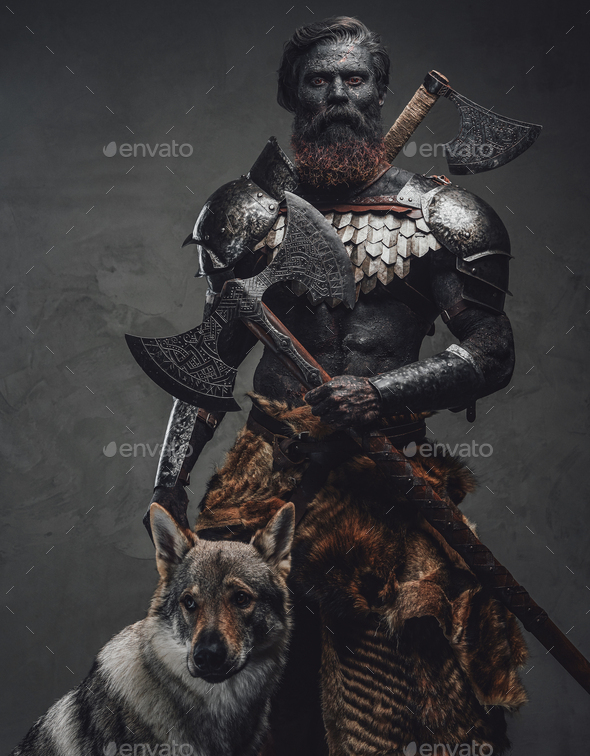 Demonic warrior with his wolf standing together in dark background ...