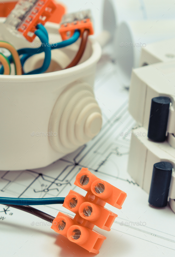 Components for electrical installations and diagrams of house Stock ...