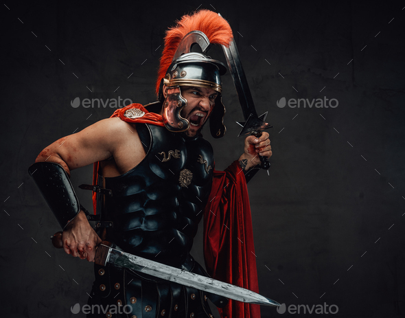Screaming and savage roman warrior with swords and armour Stock Photo ...
