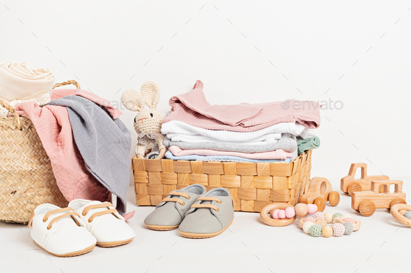 Baby and child clothes in box. Second hand apparel idea. Circular ...