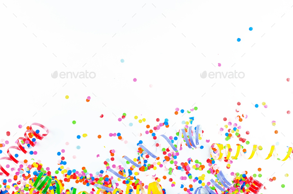 Colorful paper confetti on white background, greeting card and party ...