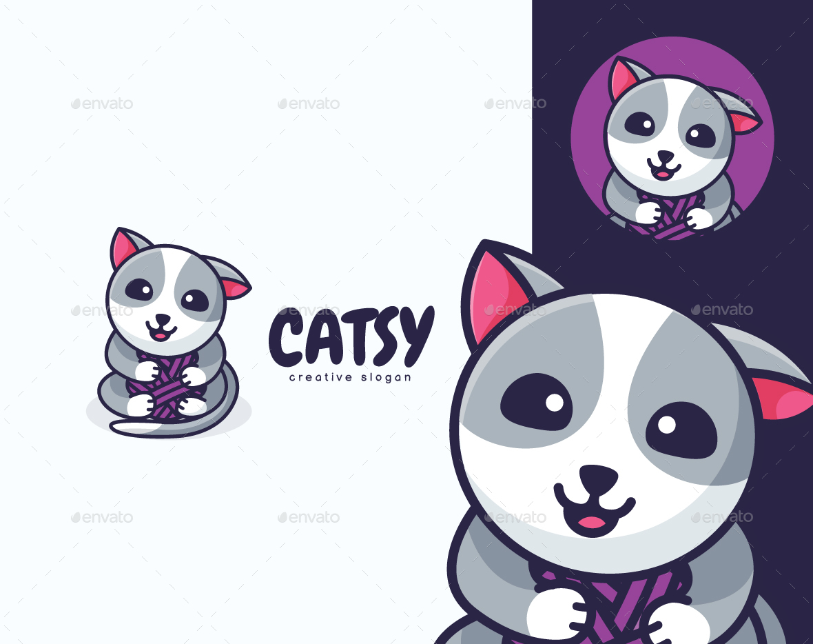 Adorable Cat Yarn Mascot Cartoon, Logo Templates | GraphicRiver