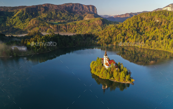 Lake Bled on a foggy spring day Stock Photo by dreamypixel | PhotoDune