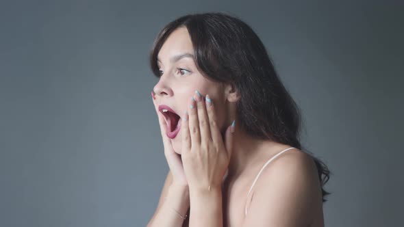 Portrait Young Female Chocked Surprised Mouth Opened Hands on Cheeks ...