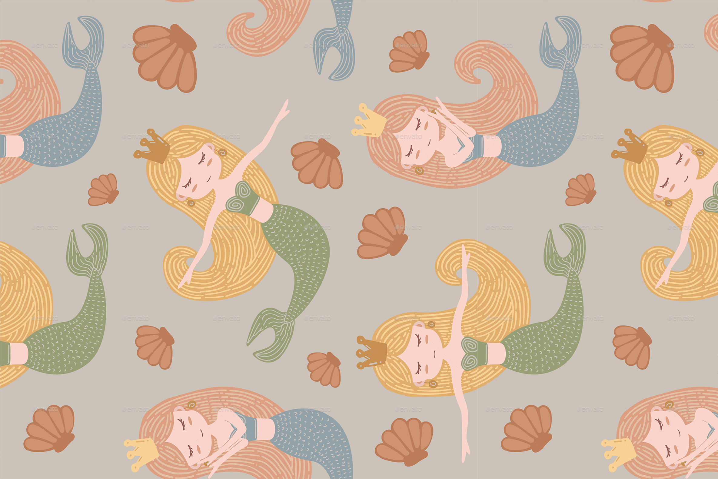 Earth Tone Illustration of Mermaid Seamless Pattern, Vectors | GraphicRiver