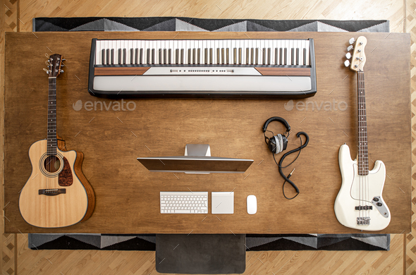 Top view of a composition of musical instruments on a table in a music ...