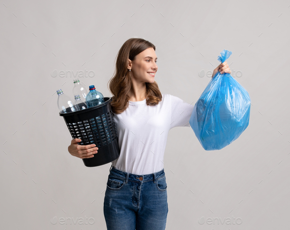 Domestic Waste Sorting. Lady Holding Garbage Bag And Bucket With ...