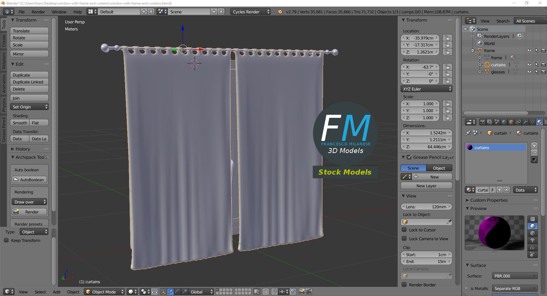 Window with frame and curtains by FrancescoMilanese85 | 3DOcean