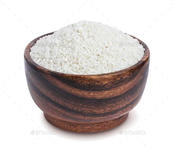 Small crushed rice in wooden bowl isolated on white background Stock ...