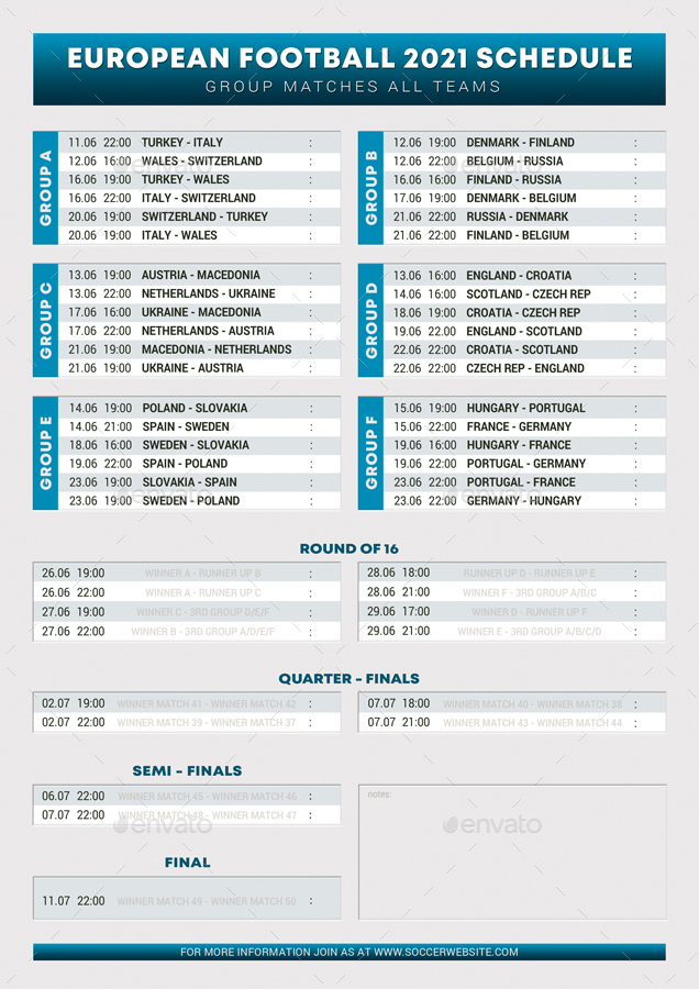 European Soccer Football Championship 2021 Schedule Flyer, Print Templates