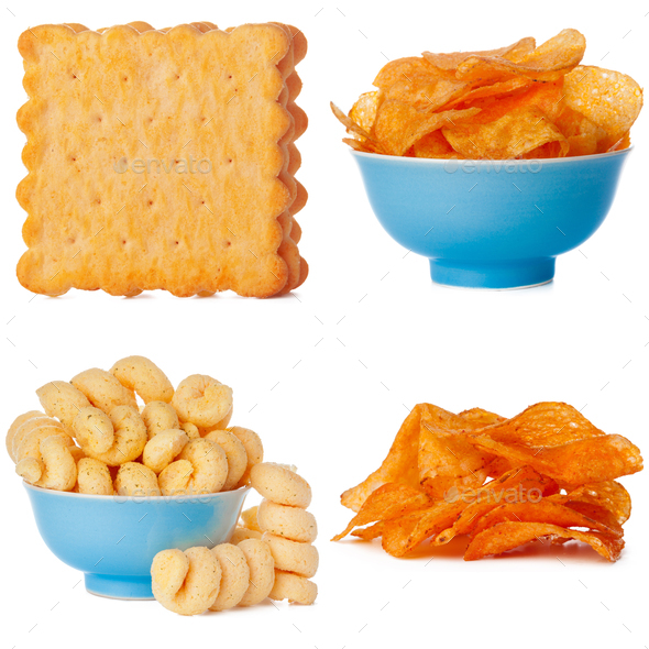Salty snacks isolated on white background collage Stock Photo by ...