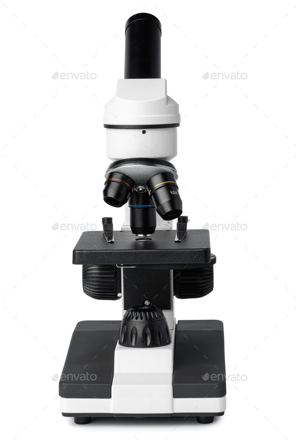 Scientific microscope isolated on white background, front view Stock ...