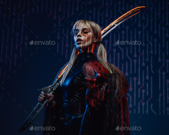 Cyberpunk style girl with fur and glowing sword Stock Photo by fxquadro