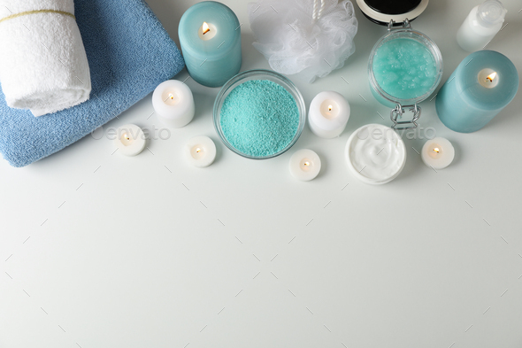 Spa accessories on white background, top view and space for text Stock ...