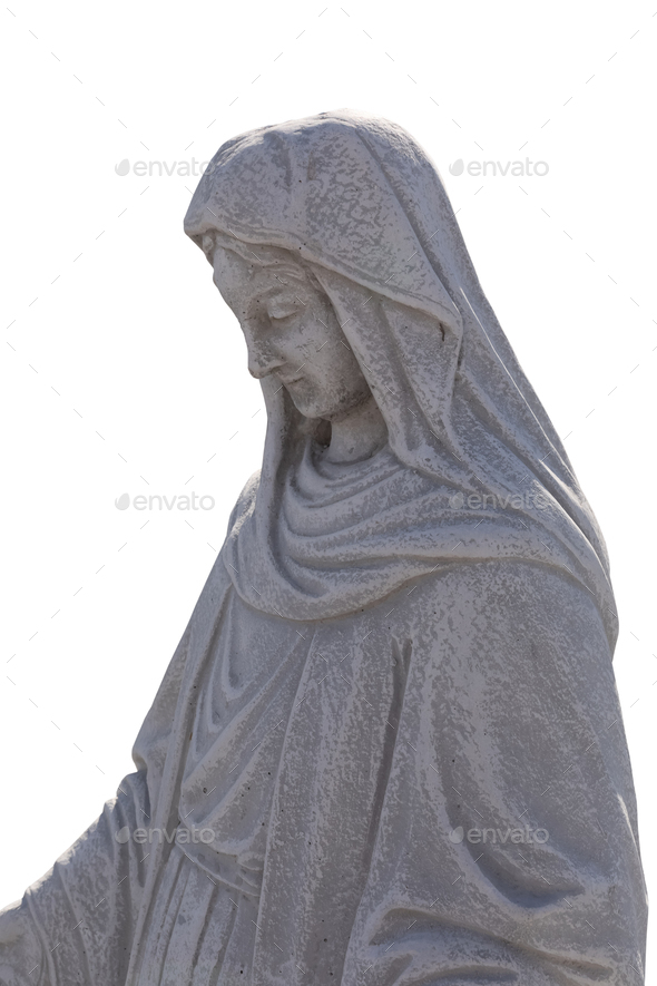 Close up side view of stone sculpture of virgin mary on white ...