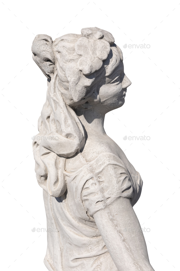 Close up side view of stone sculpture of woman on white background ...