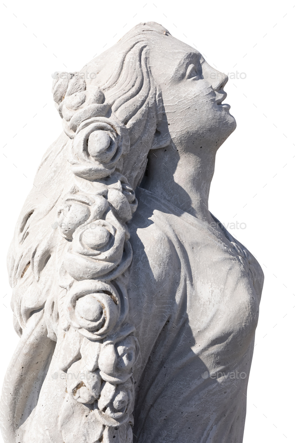Side view of stone sculpture of woman looking up on white background ...
