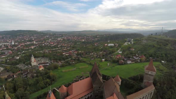 Aerial view of Hunedoara city and Corvin Castle, Stock Footage | VideoHive