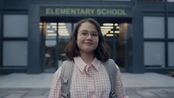Portrait Smiling Girl Standing at School Entrance, Stock Footage ...